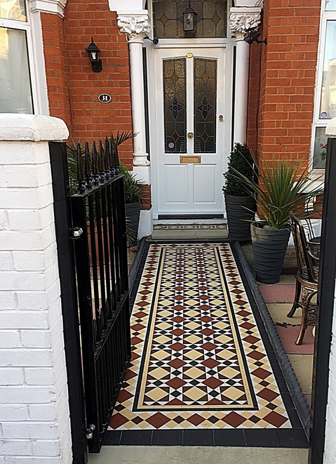 Low maintenance path tile multi colour mosaic front garden design ...